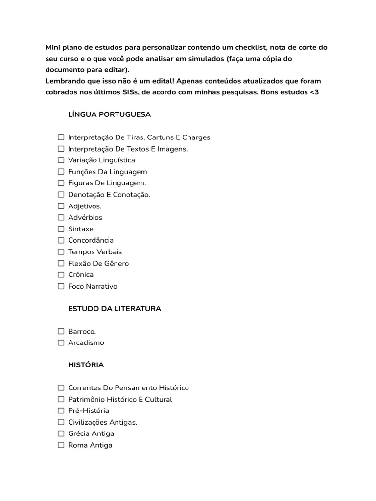 Mini Plano de Estudos e Checklist | PDF