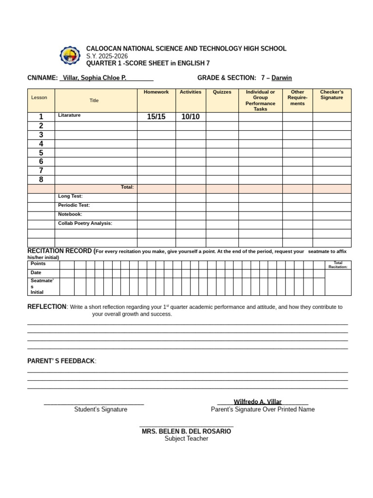 q1 Score Sheet 7 English Only | PDF | Education Theory | Learning