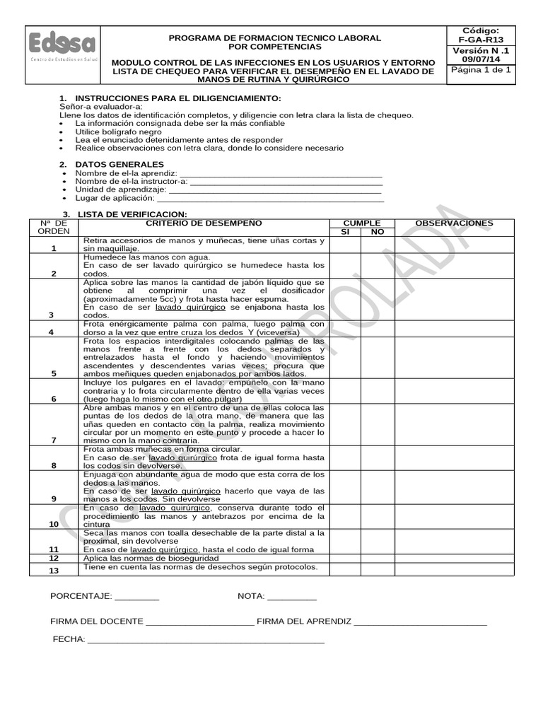 Lista de Chequeo Lavado de Manos de Rutina | PDF | Mano