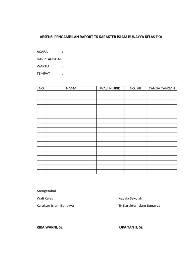 Absensi Pengambilan Raport TK Karakter Islam Bunayya Kelas Tka | PDF