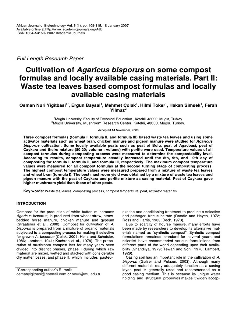 9cultivation of Agaricus Bisporus On Some Compost Formulas and Locally Available Casing ...