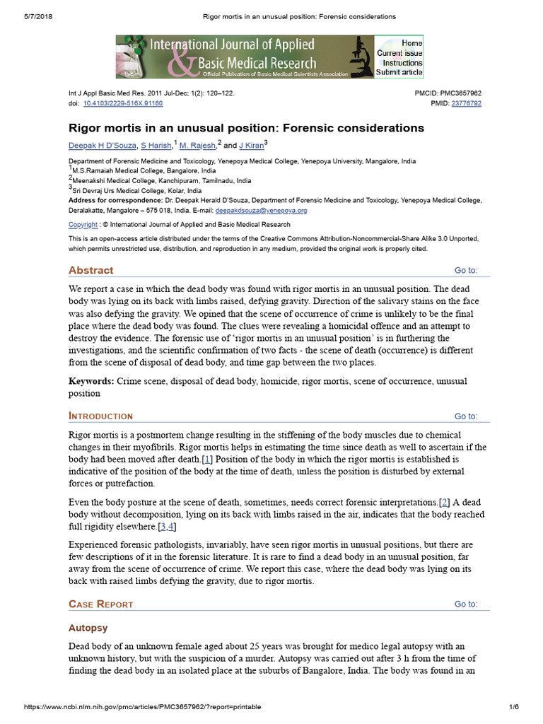 Rigor Mortis in An Unusual Position - Forensic Considerations | PDF ...