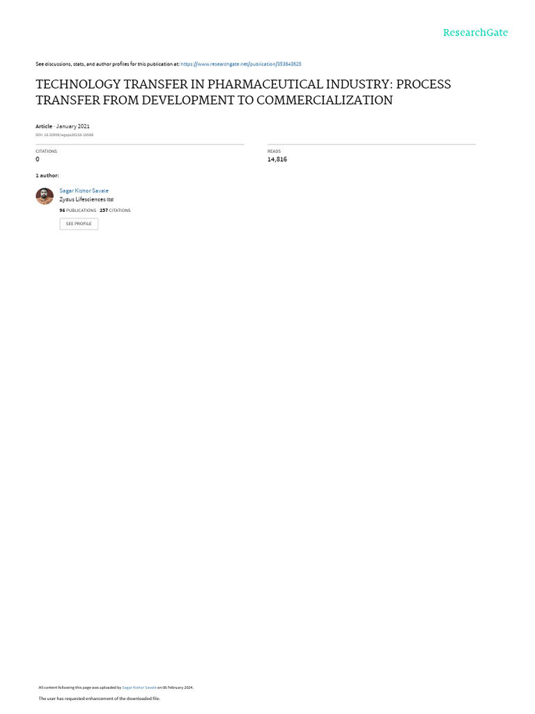 Technology Transfer in Pharmaceutical Industry: Process Transfer From ...