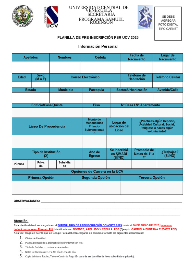 Planilla Preinscripción UCV 2025 | PDF