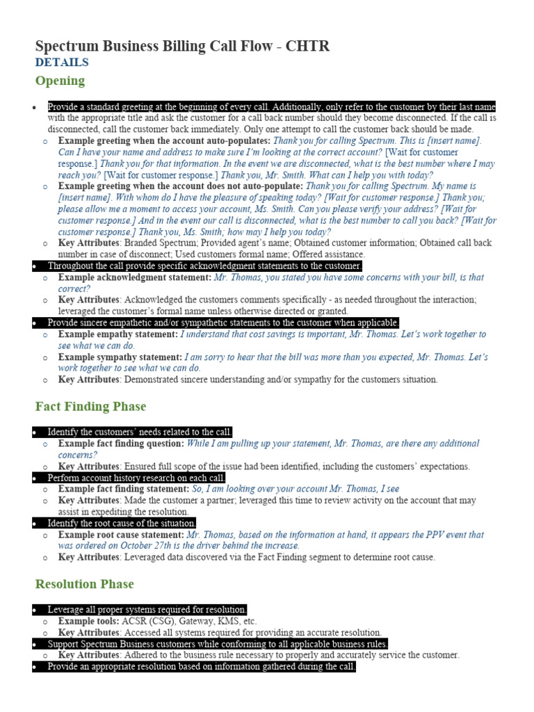 Spectrum Business Billing Call Guide | PDF
