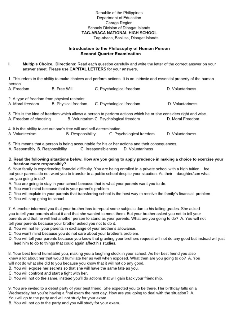 Grade 12 Philosophy 2nd Quarter Exam | PDF | Self Awareness | Bullying