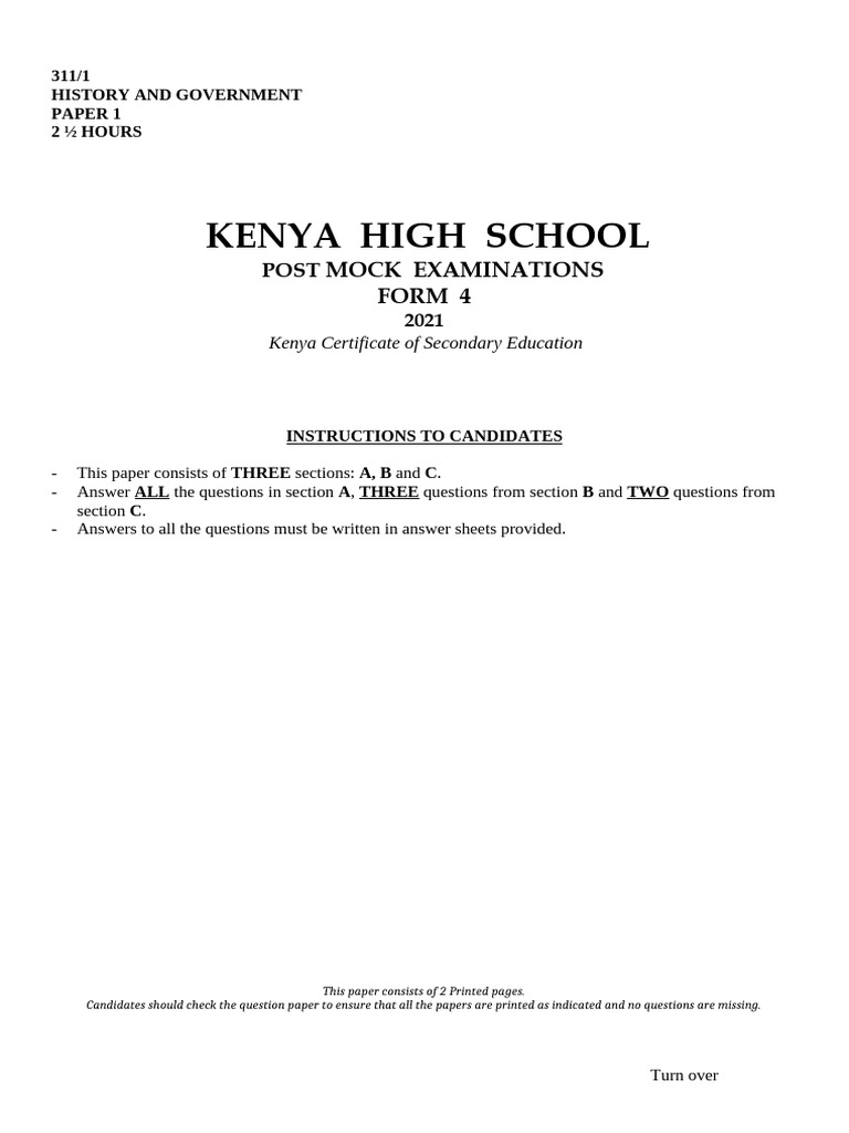 2021 History p1 Qtns Kenya High Mock Teacher - Co .Ke | PDF | Kenya ...