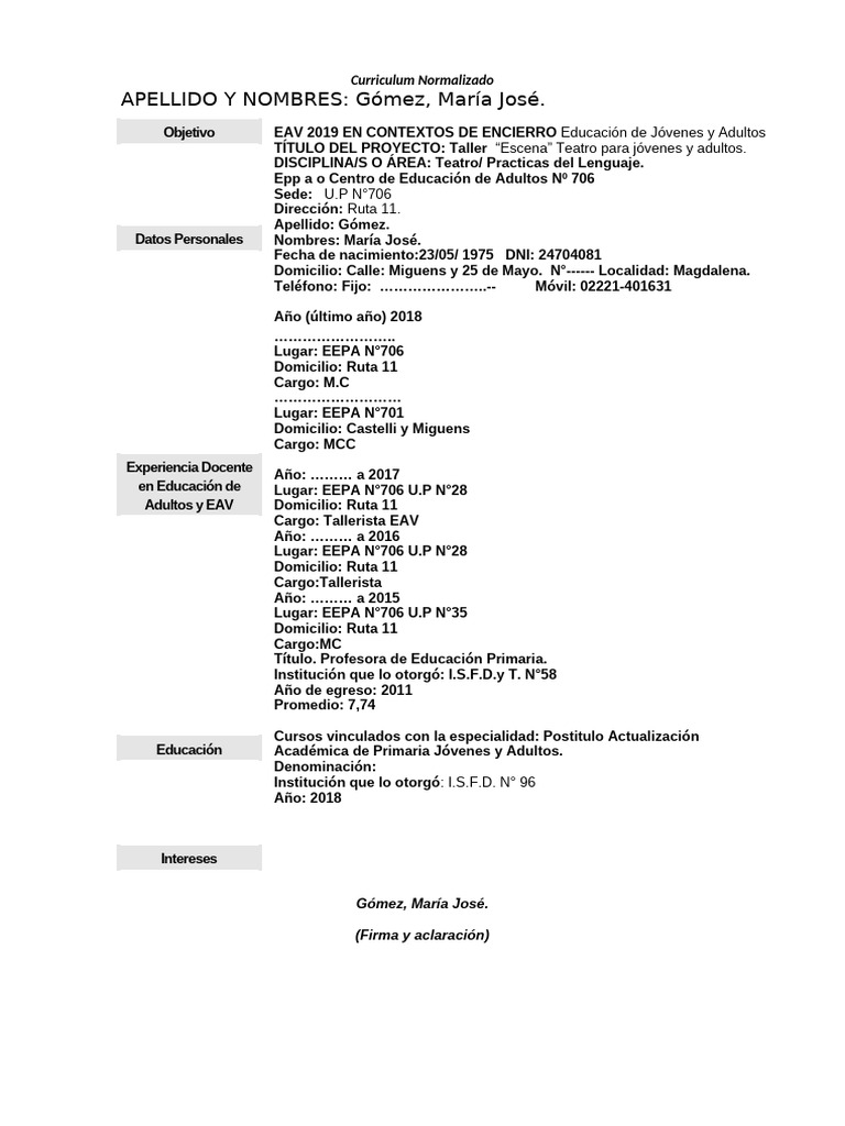 CV Normalizado EAV 2019 Magdalena Completo | PDF