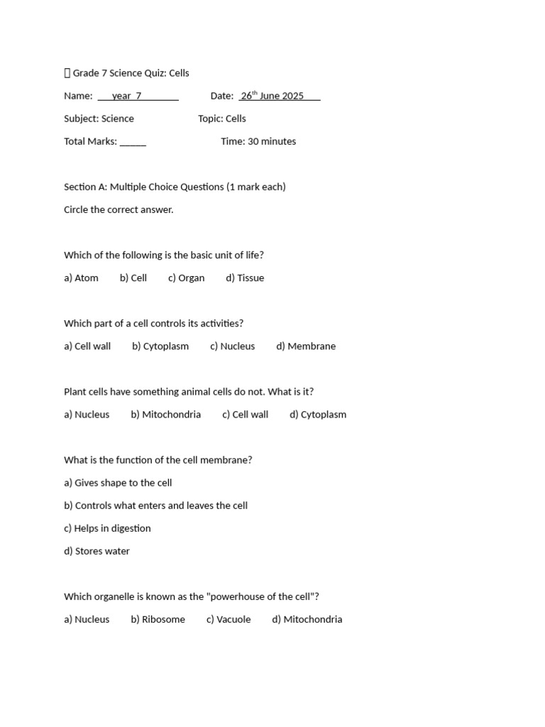 ? Grade 7 Science Quiz | PDF