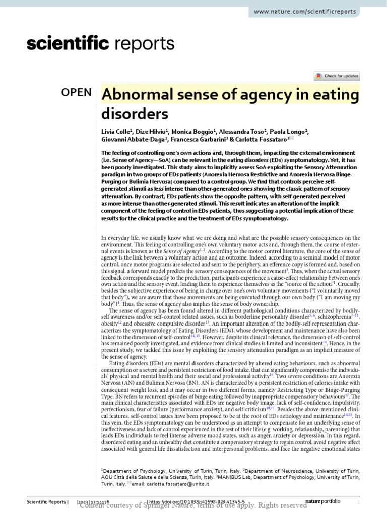 Abnormal Sense of Agency in Eating Disorders | PDF | Eating Disorder ...