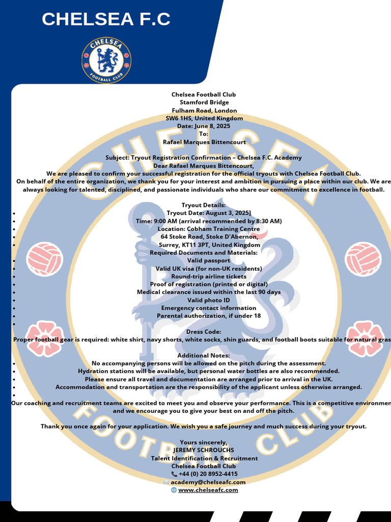 Chelsea F.C Oficial Greetings To Rafael Marques Bittencourt | PDF ...