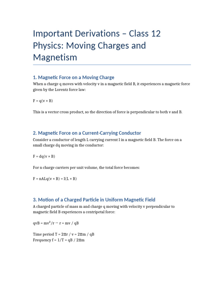 Class 12 Derivations: Moving Charges & Magnetism | PDF | Magnetic Field ...