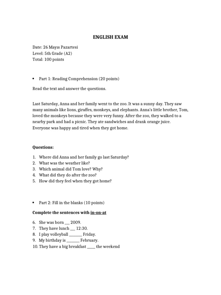 English Exam A2 Grade5 May26 | PDF | Chess Theory | Chess