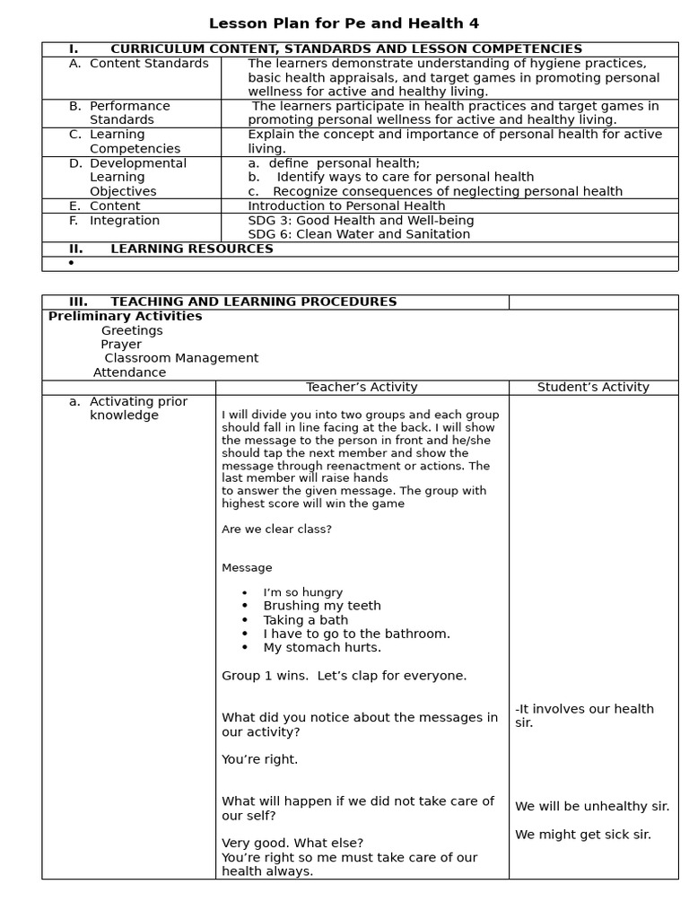 Personal Health and Wellness Lesson Plan | PDF | Mental Health ...