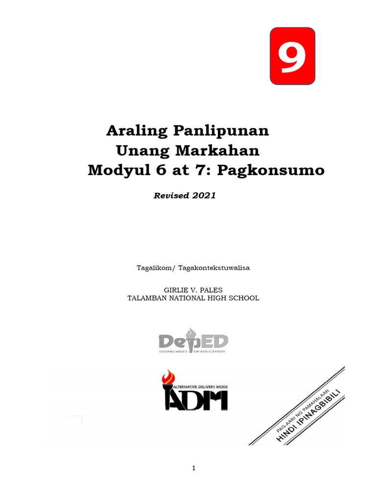 Araling Panlipunan Unang Markahan Modyul 6 at 7: Pagkonsumo: Revised 2021 | PDF