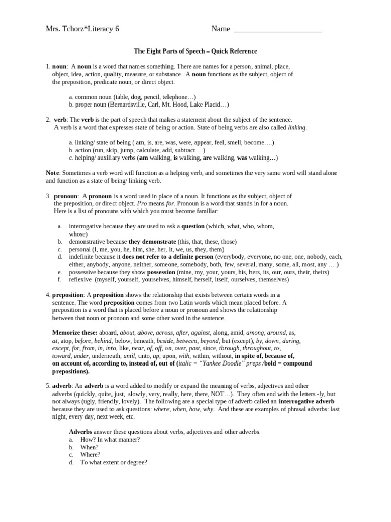 The Eight Parts of Speech Reference Sheet | PDF | Adverb | Verb