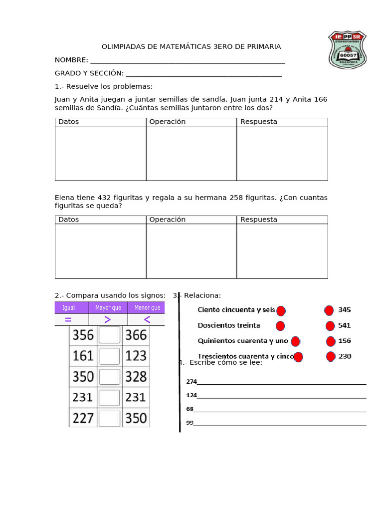 Ejercicios de Matemáticas 3er Grado | PDF