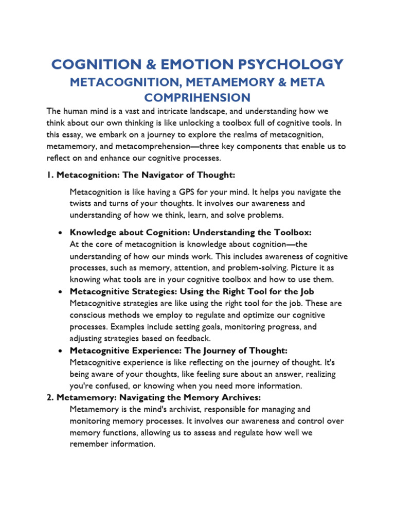 Metacognition, Metamemory & Meta Comprihension | PDF | Metacognition | Psychological Concepts