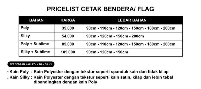 Daftar Harga Kain Bendera Poly & Silky | PDF