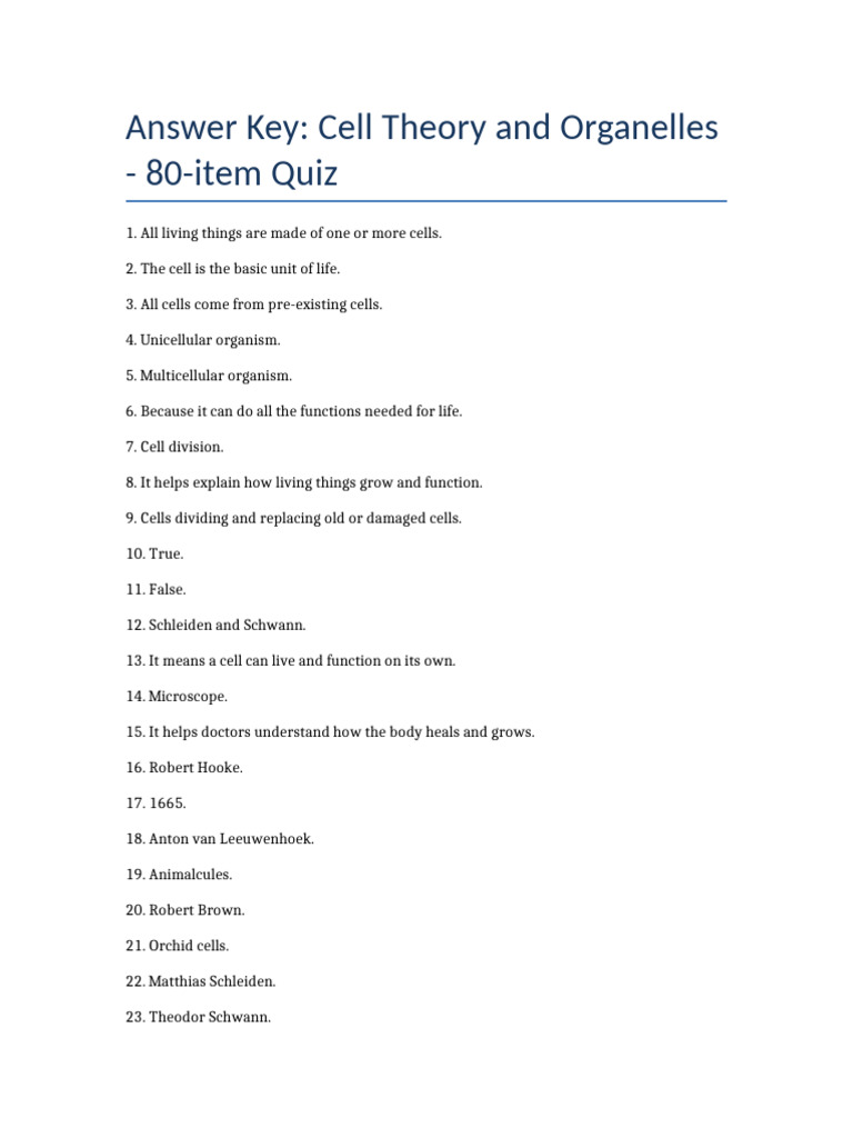 Cell Theory and Organelles Answer Key | PDF
