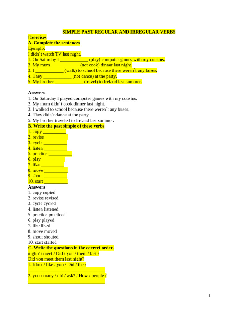Simple Past Regular and Irregular Verbs | PDF