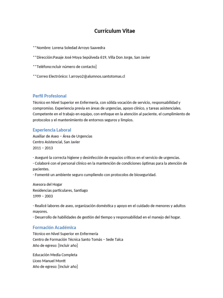 CV Lorena Arroyo Saavedra | PDF | Enfermería