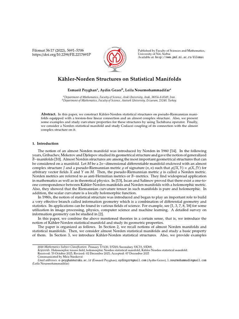 K Ahler-Norden Structures On Statistical Manifolds | PDF | Mathematical Physics | Mathematics