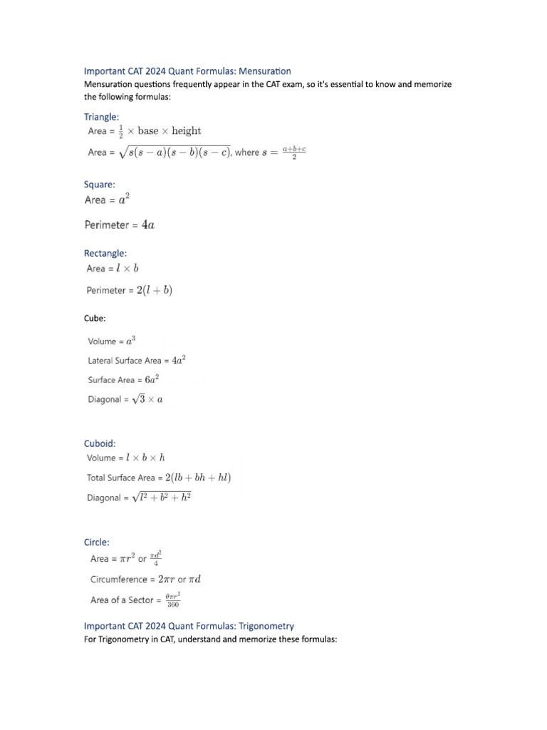 Cat 2024 Quant Formulas | PDF