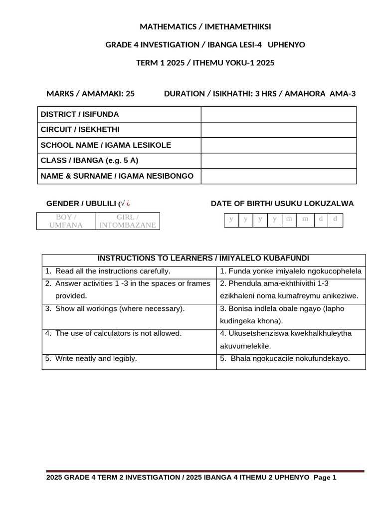 Grade 4 Term 1 Math Investigation | PDF | Mathematics