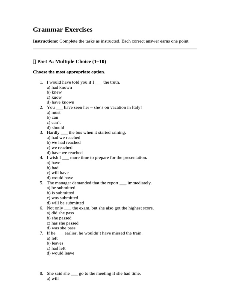 Grammar Exercises:For b1, b2 Level of English | PDF | Linguistic ...