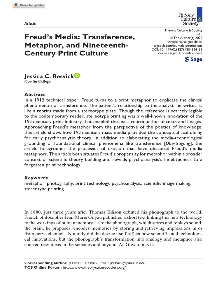 Resvick 2025 Freud S Media Transference Metaphor and Nineteenth Century ...