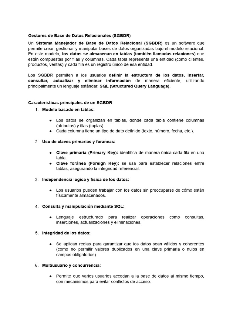 Gestores de Base de Datos Relacionales (SGBDR) | PDF | Bases de datos | No Sql