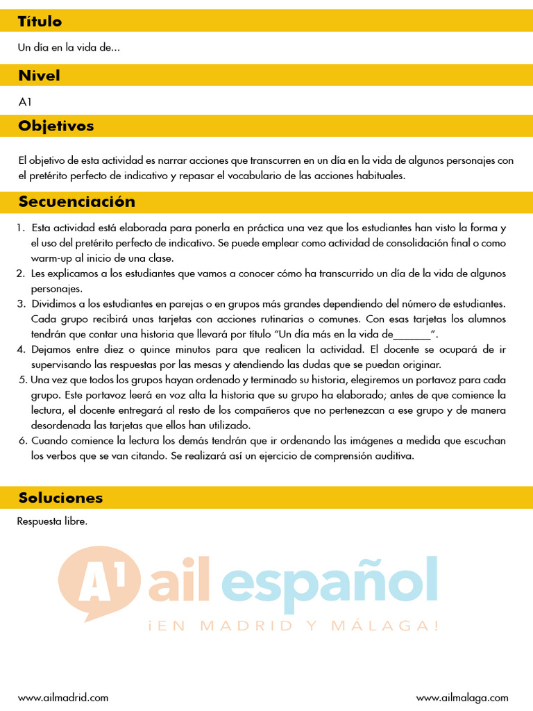 Ficha Explotacion Actividad Espanol Preterito Perfecto Indicativo A1 | PDF