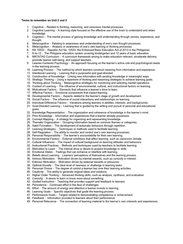 Terms To Remember On Unit 2 and 3 | PDF | Learning | Motivational