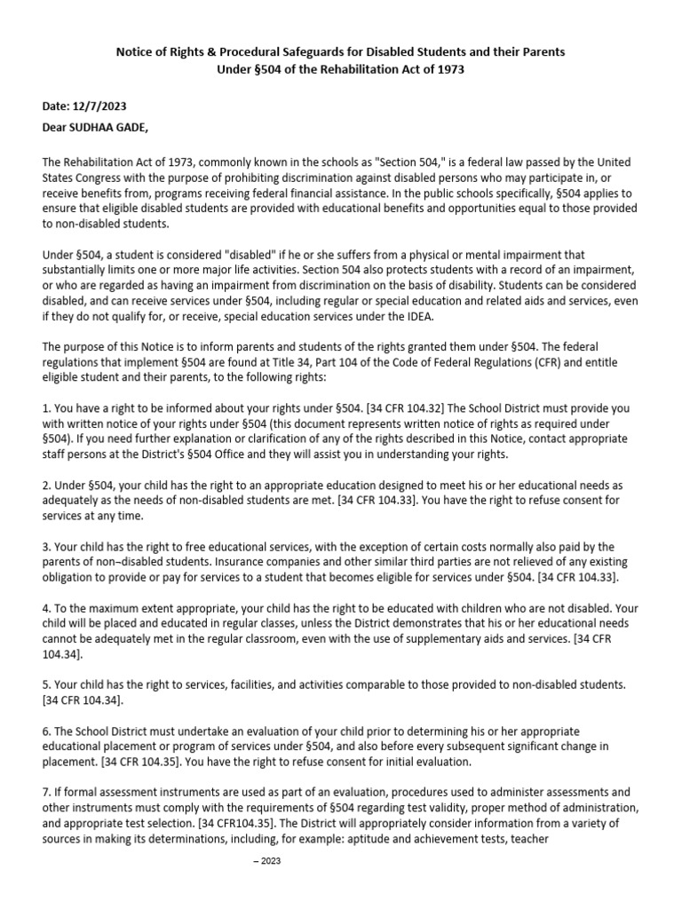 §504 Rights for Disabled Students | PDF | Section 504 Of The ...