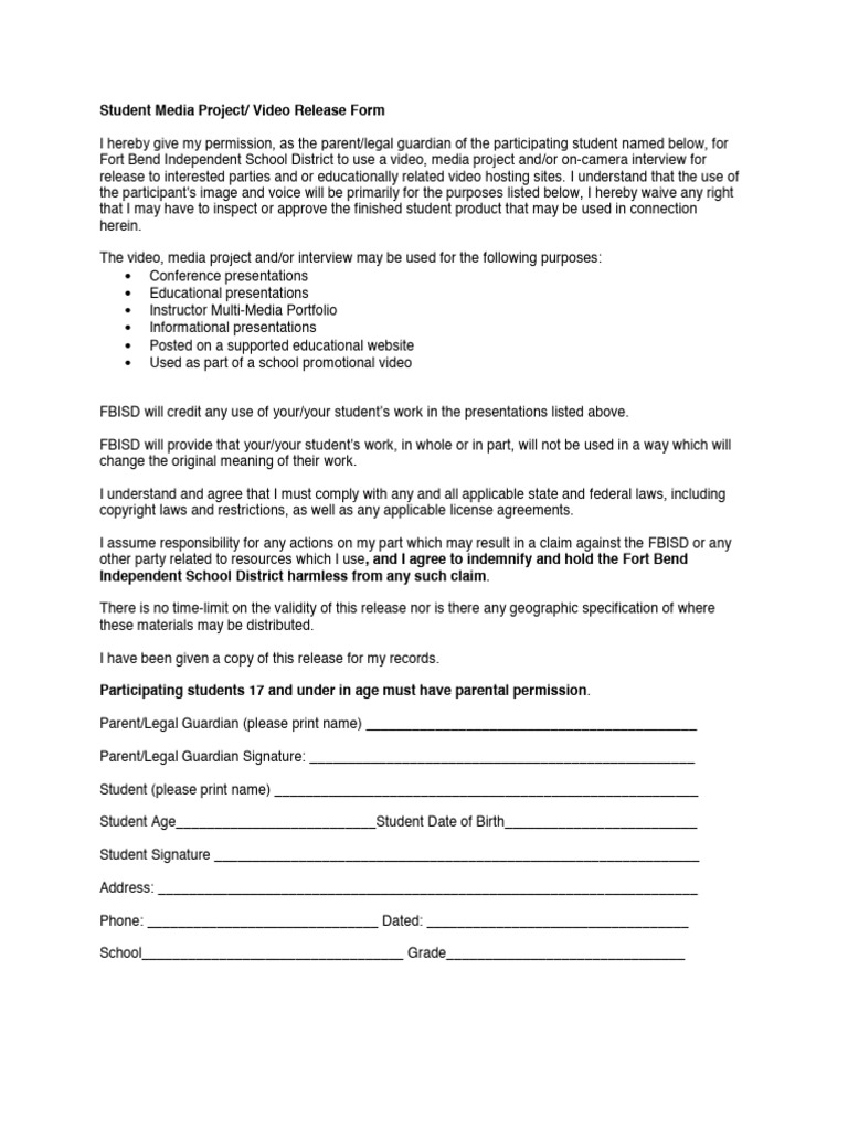 FBISD Student Media Release Form | PDF