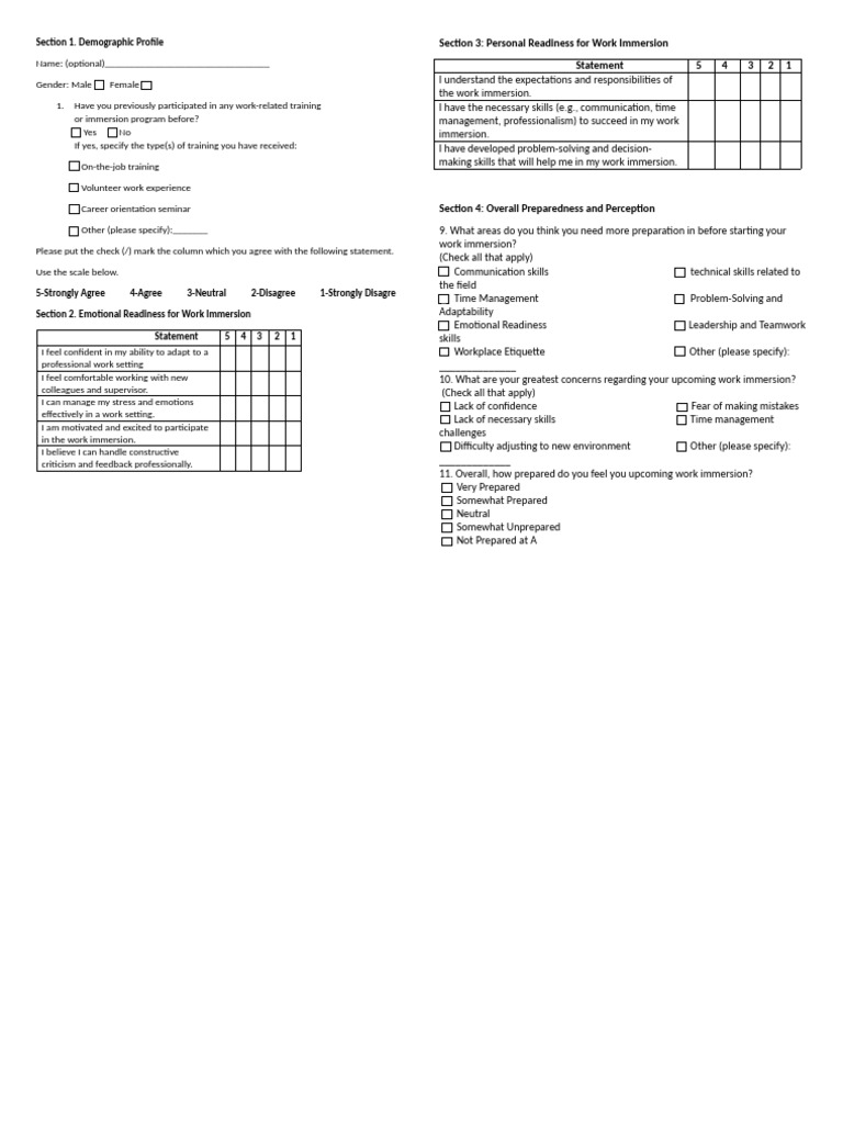 Work Immersion Readiness Assessment | PDF | Skill | Behavioural Sciences
