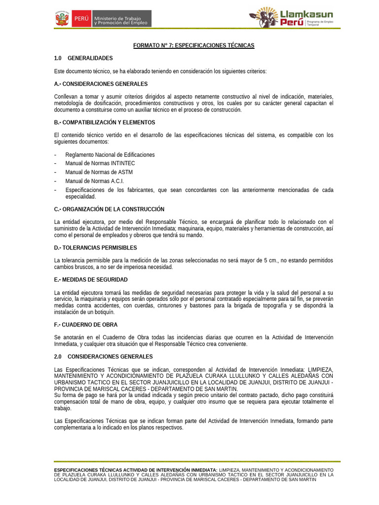 Especificicaciones Técnicas - Curaka Llullunko | PDF | Presupuesto