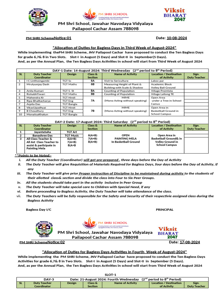 Bagless Day Activities Schedule 2024 | PDF