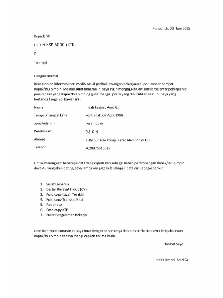 Lamaran PT Agro | PDF