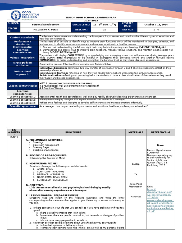 PerDev't MET4MentalHealth WK10 | PDF | Learning | Emotions