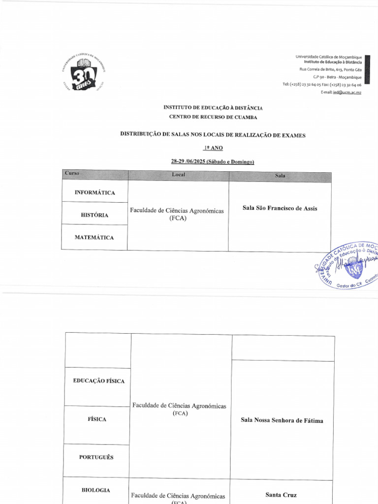 Mapa de Distribuição de Salas para Exames Semestre I 2025 | PDF