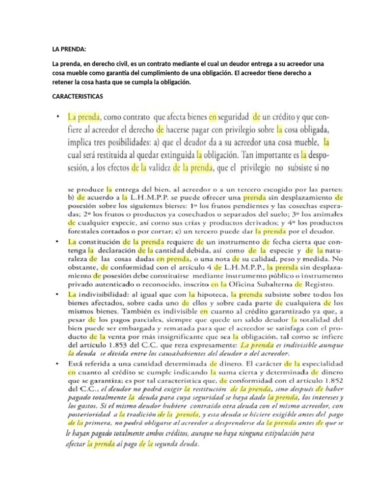 Conceptos Clave de la Prenda en Derecho Civil | PDF
