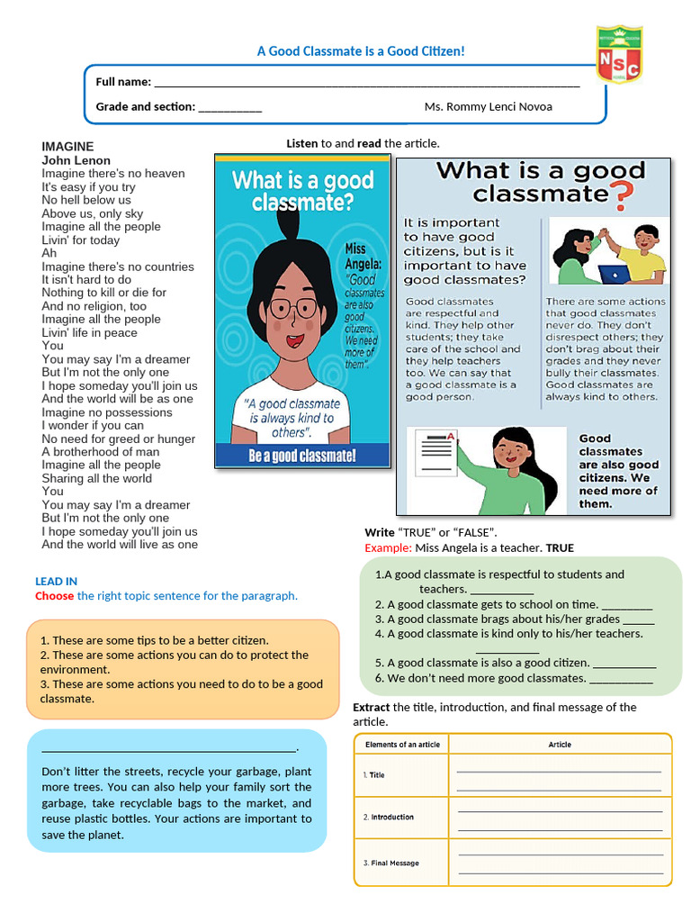 A Good Classmate Is A Good Citizen | PDF