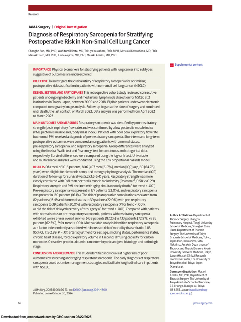 Diagnosis of Respiratory Sarcopenia For Stratifying Postoperative Risk ...
