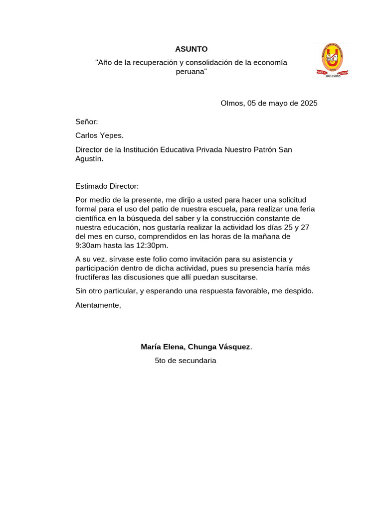 Carta Formal - Maria Elena Chunga Vasquez 5to Secundaria PDF | PDF