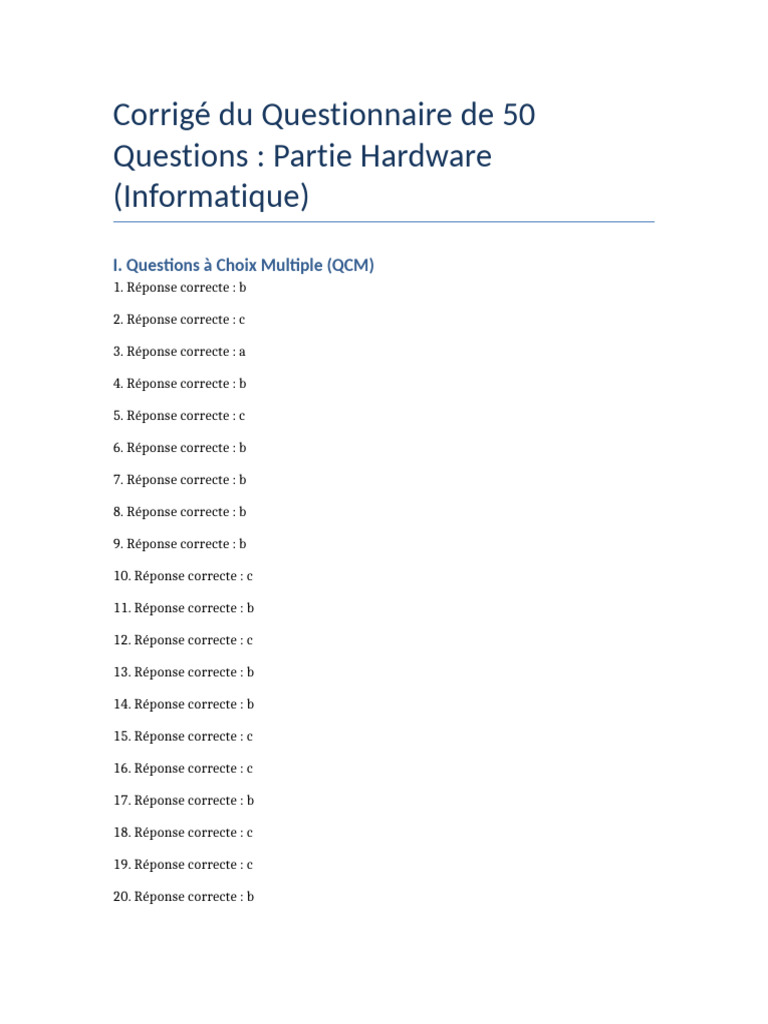 Corrige Questionnaire 50 Questions Hardware | PDF
