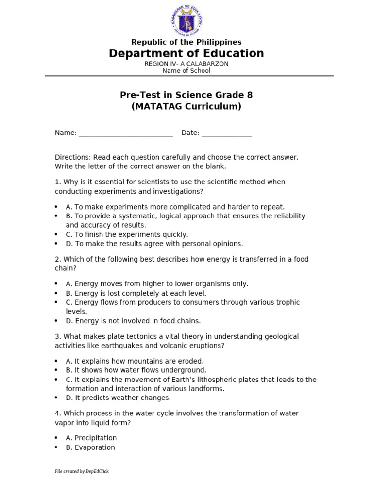 Science Grade8 PreTest DepEdClick | PDF | Water Cycle | Plate Tectonics