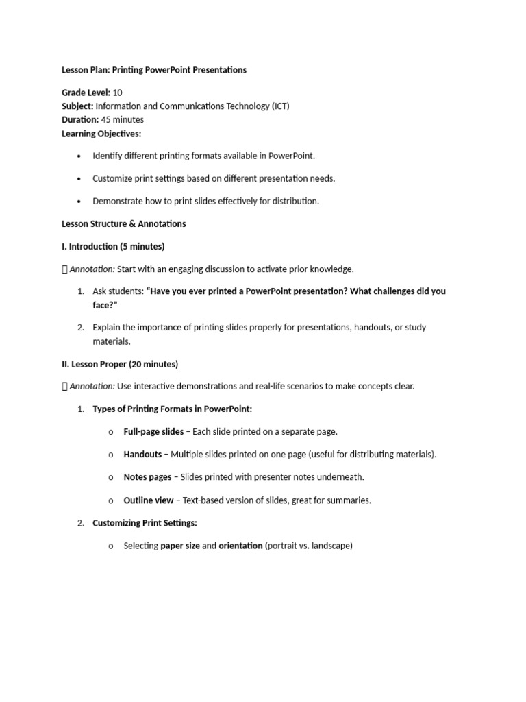 PowerPoint Printing Techniques Lesson Plan | PDF