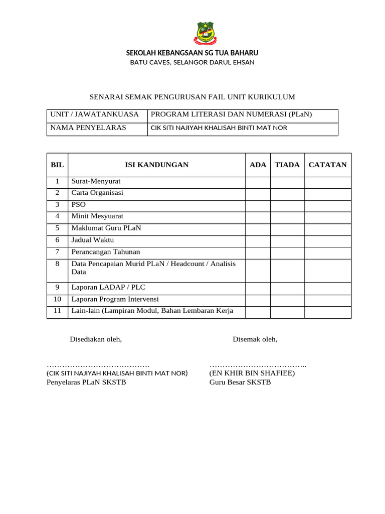 Senarai Semak Fail Plan | PDF